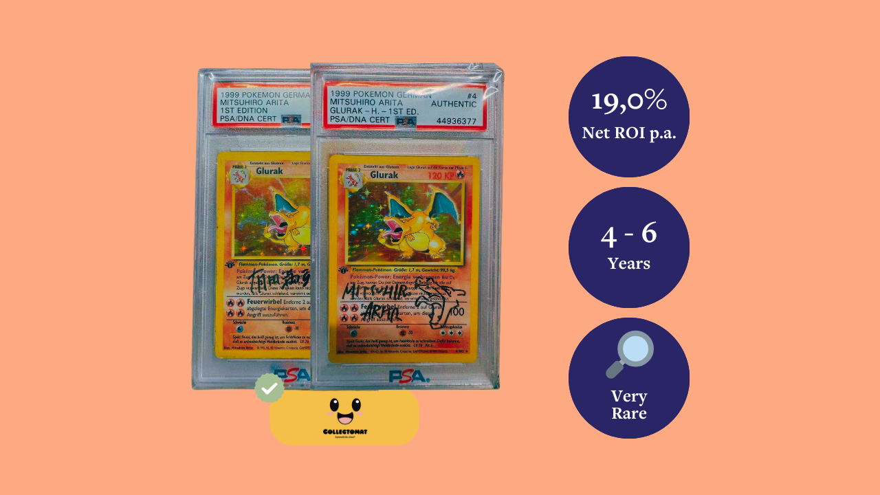 2 x Charizard (German) 1st edition base set cards signed by Arita Mitsuhiro